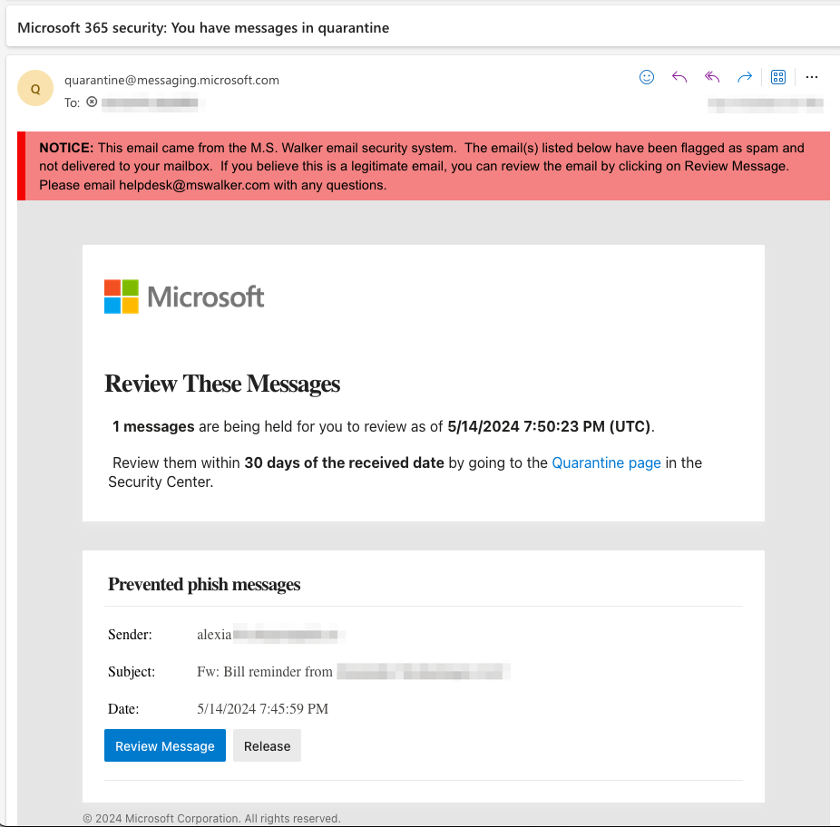 Outlook - Microsoft Quarantine Email – M.S. Walker Inc.